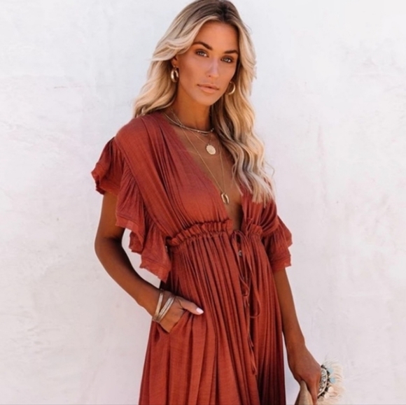 Boutique | Dresses | New Flowy Deep Plunge Maxi Dress Gauze Cover Up ...